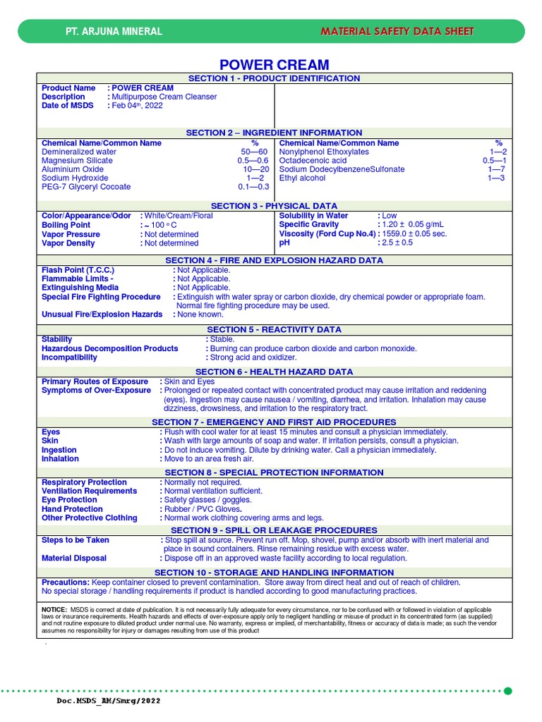 MSDS Power Cream | PDF | Sodium Hydroxide | Water