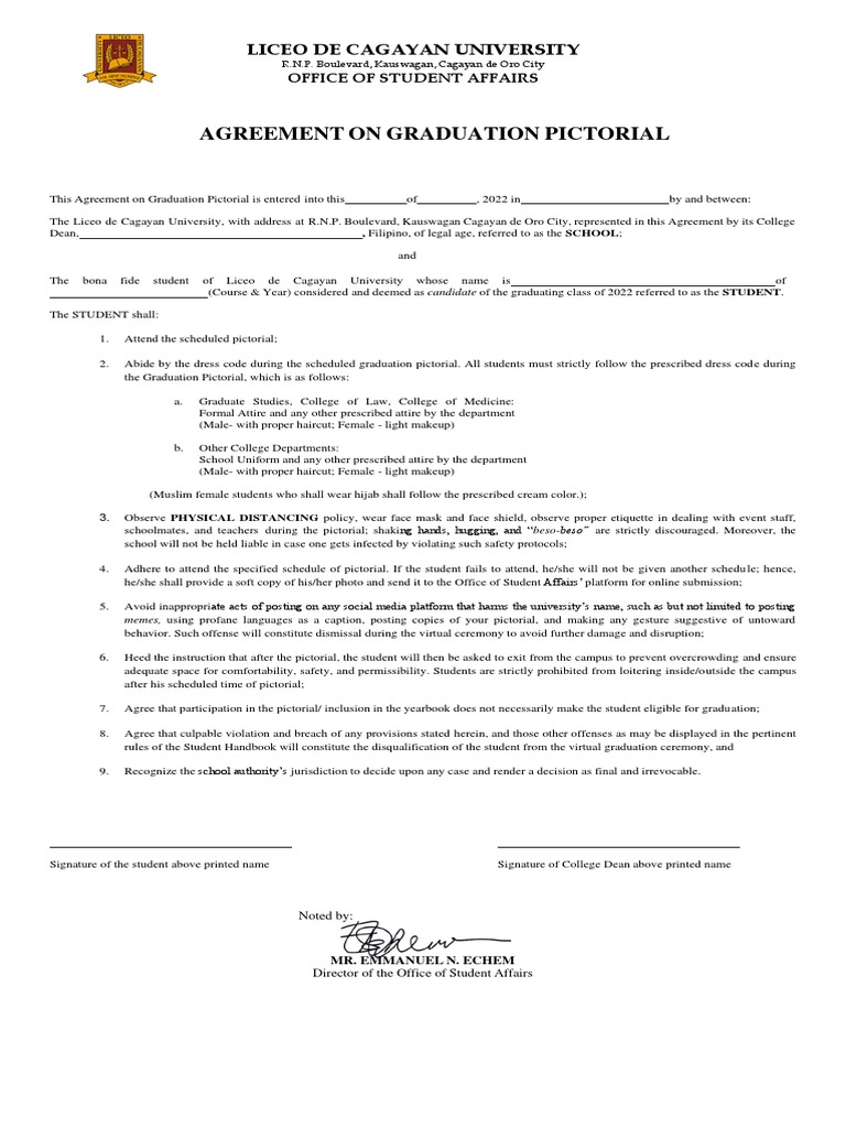 Agreement on Safety Protocols and Code of Conduct for the 2022 Liceo de Cagayan University ...