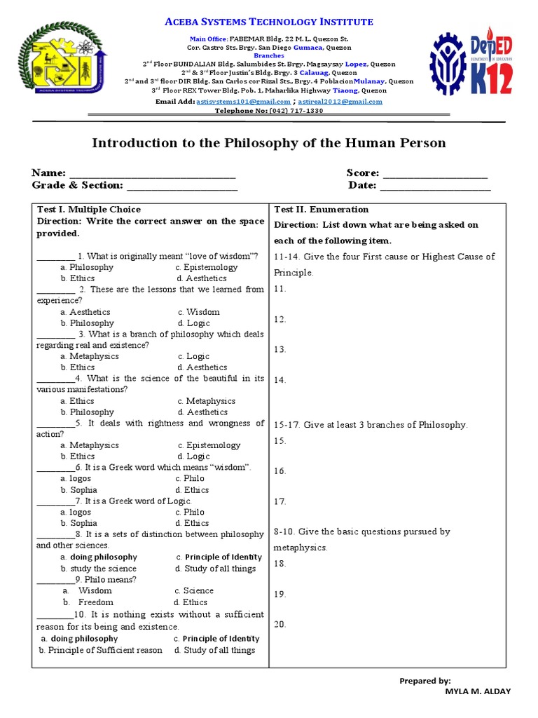 g12 Quiz Philo | PDF | Metaphysics | Logos