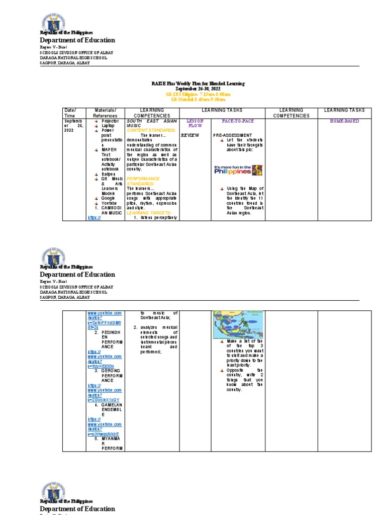 RAISE Plus Weekly Plan For Blended Learning in G8!09!26!30!2022 | PDF | Learning | Southeast Asia