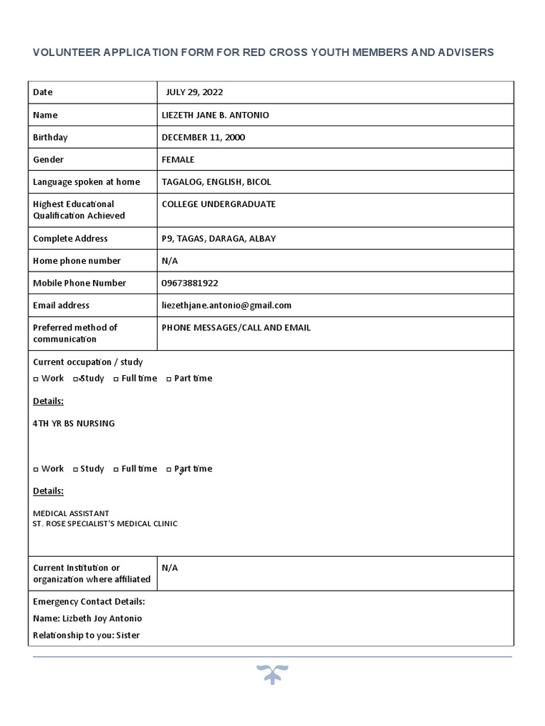 RCY Volunteer Application Form | PDF