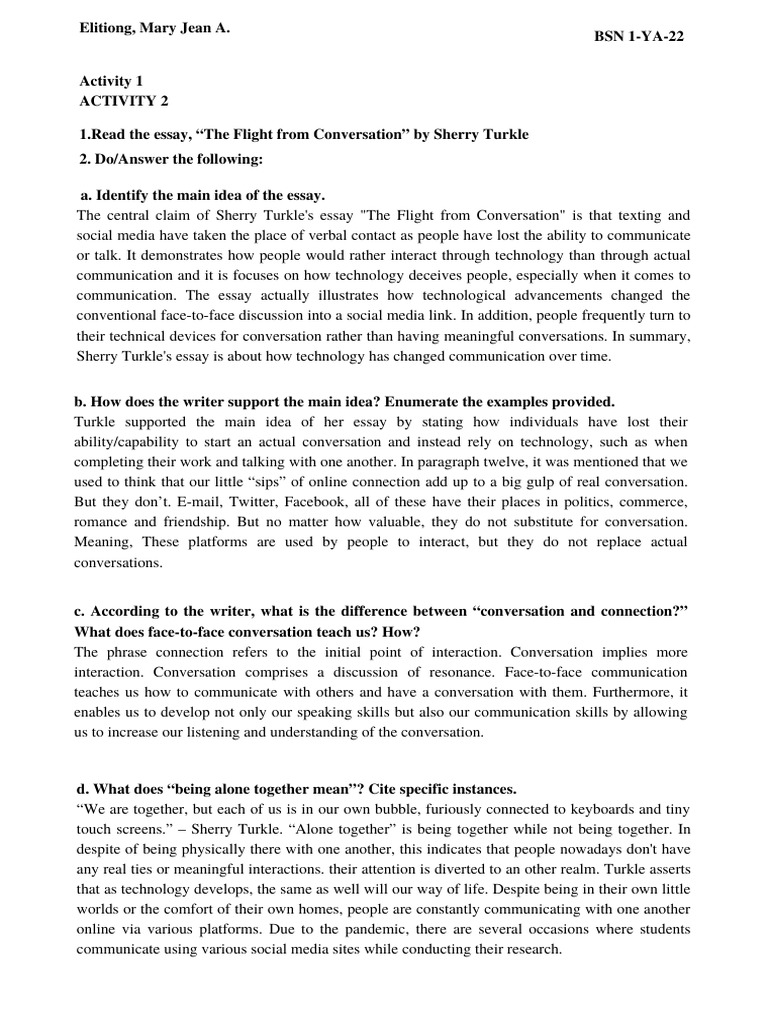 Activity 1 ACTIVITY 2 Read The Essay, "The Flight From Conversation" by ...
