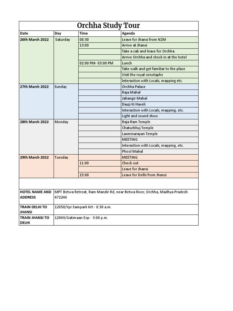 Orchha - Study Tour Itinerary - Batch 2021 - 23.xlsx - Sheet1 | PDF