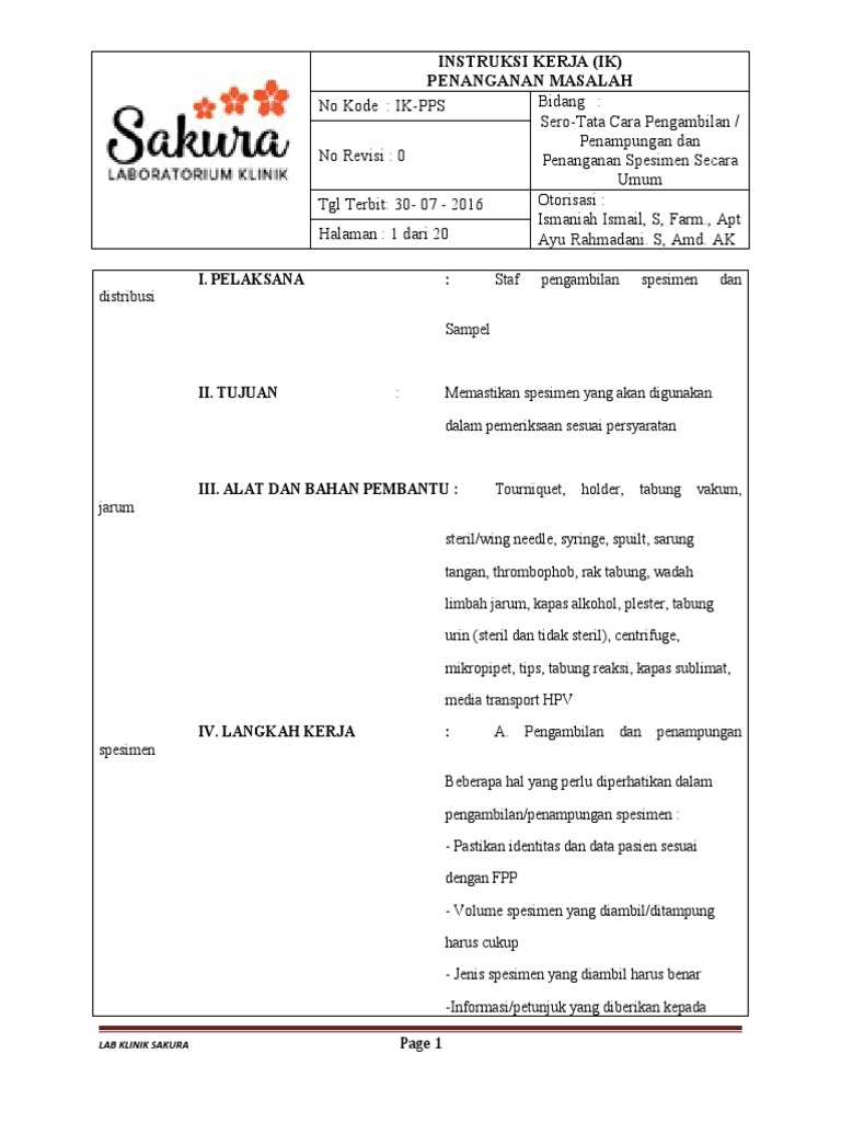 IK Sero Pengambilan Spesimen (SOP) | PDF