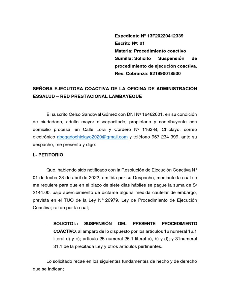 Escrito A EJECUTORIA COACTIVA ESSALUD | PDF | Justicia | Crimen y violencia