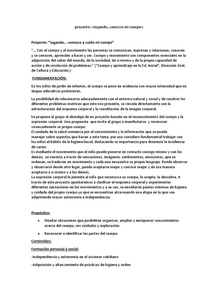Proyecto El Cuerpo Humano | PDF | Educación de la primera infancia