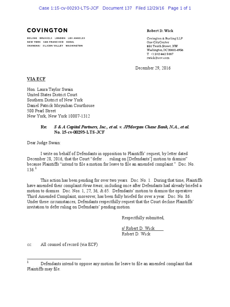 137 Defendant Letter To Judge Swain | PDF