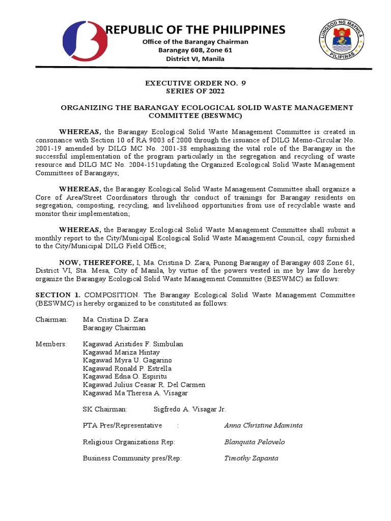 EO #9 - Organizing BESWMC | PDF | Waste Management | Waste