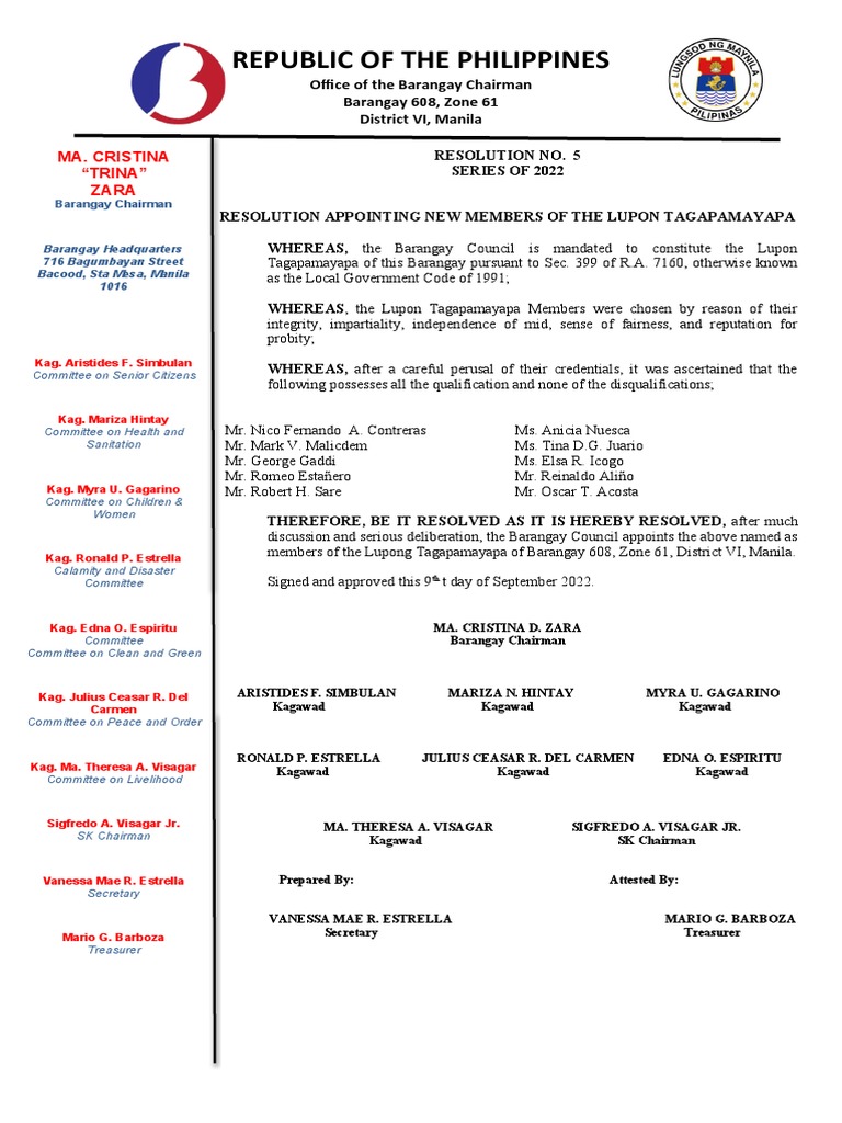 Resolution #5 - LUPON MEMBERS | PDF | Philippines