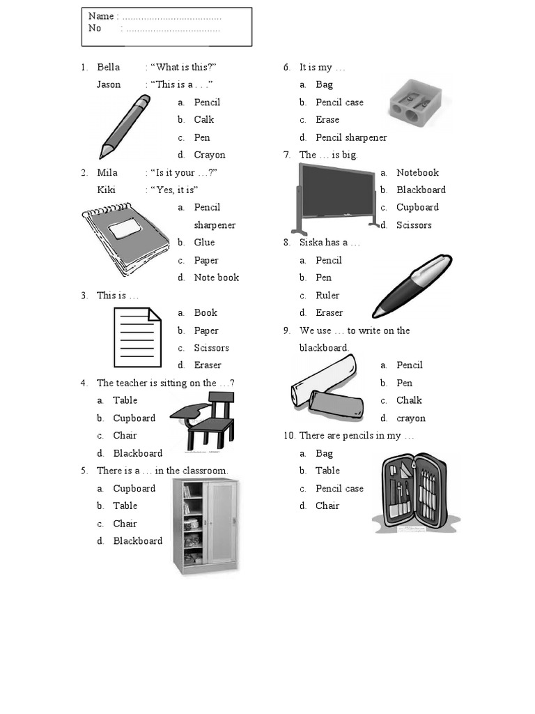Classroom Objects Worksheet | PDF | Pencil | Stationery