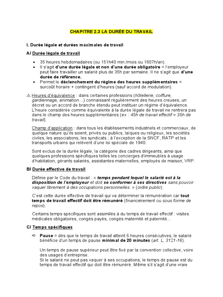 Chapitre 2.3 La Durée Du Travail | PDF | Heures supplémentaires | Temps ...