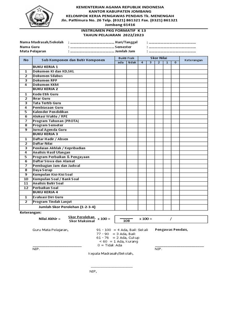 Instrumen PKG Formatif K 13 | PDF