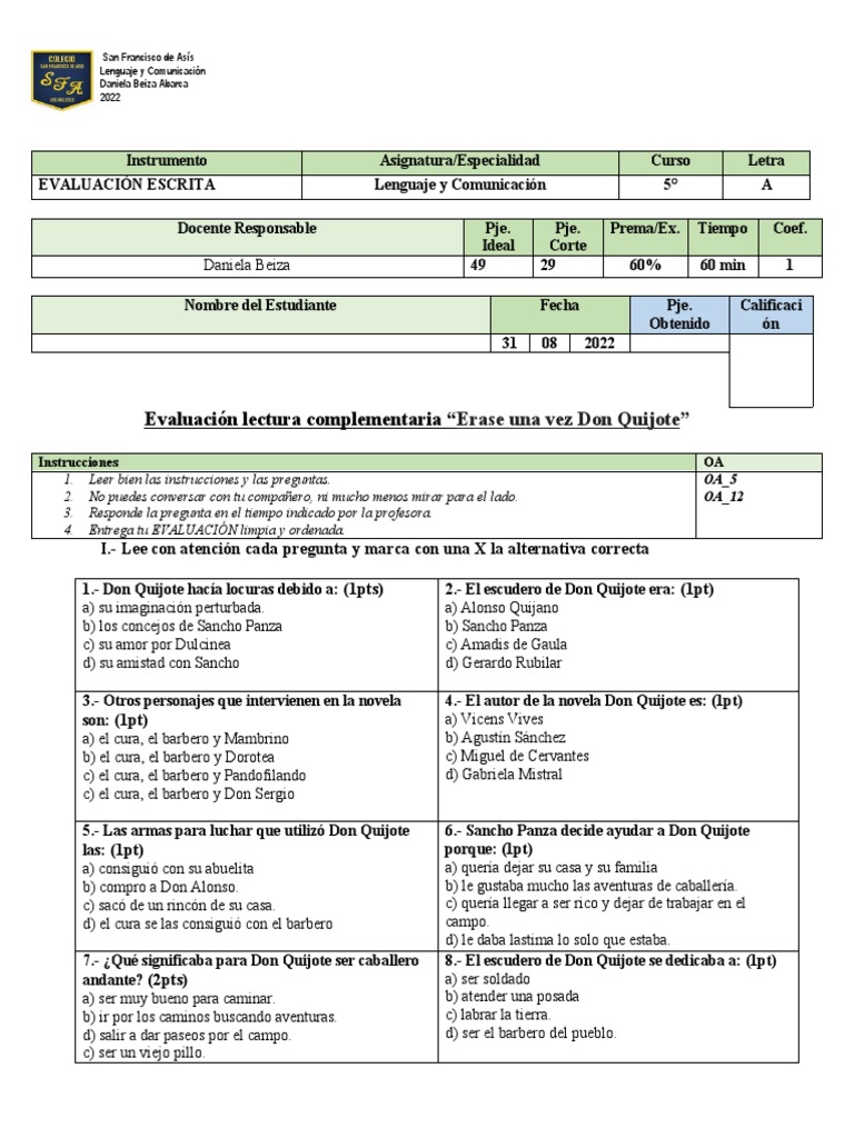 Prueba Erase Una Vez Don Quijote | PDF | Don Quijote