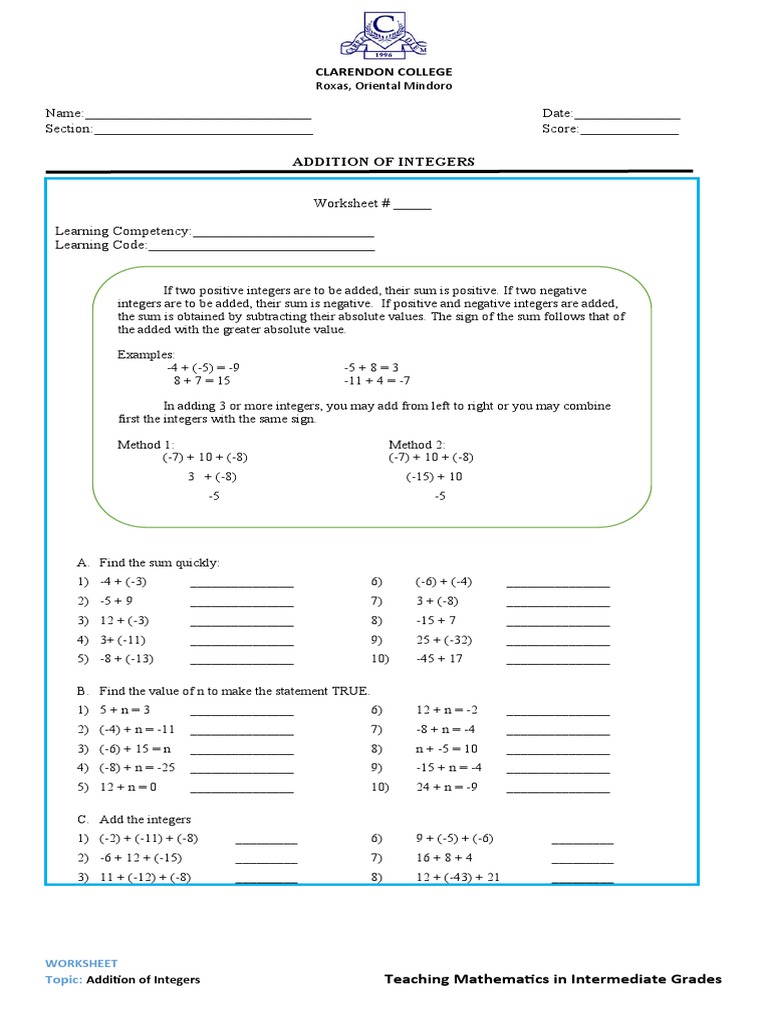 Addition-Of-Integers-B-Sample Worksheet | PDF | Integer | Number Theory