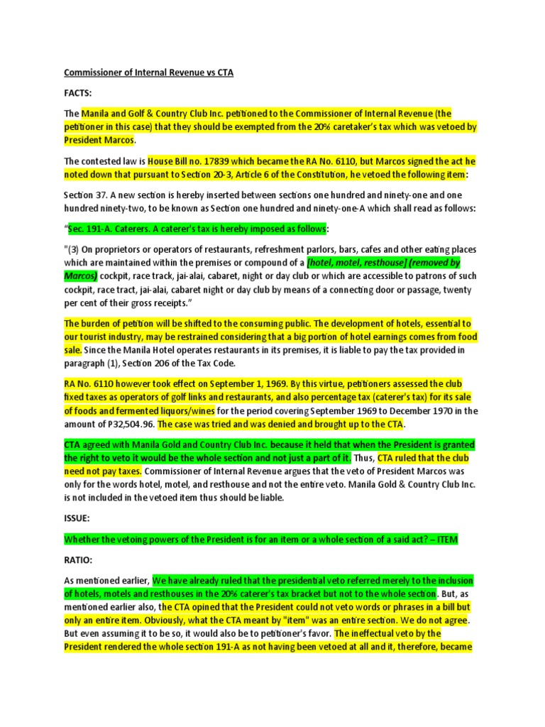 Commissioner of Internal Revenue Vs CTA | PDF | Taxes | Veto