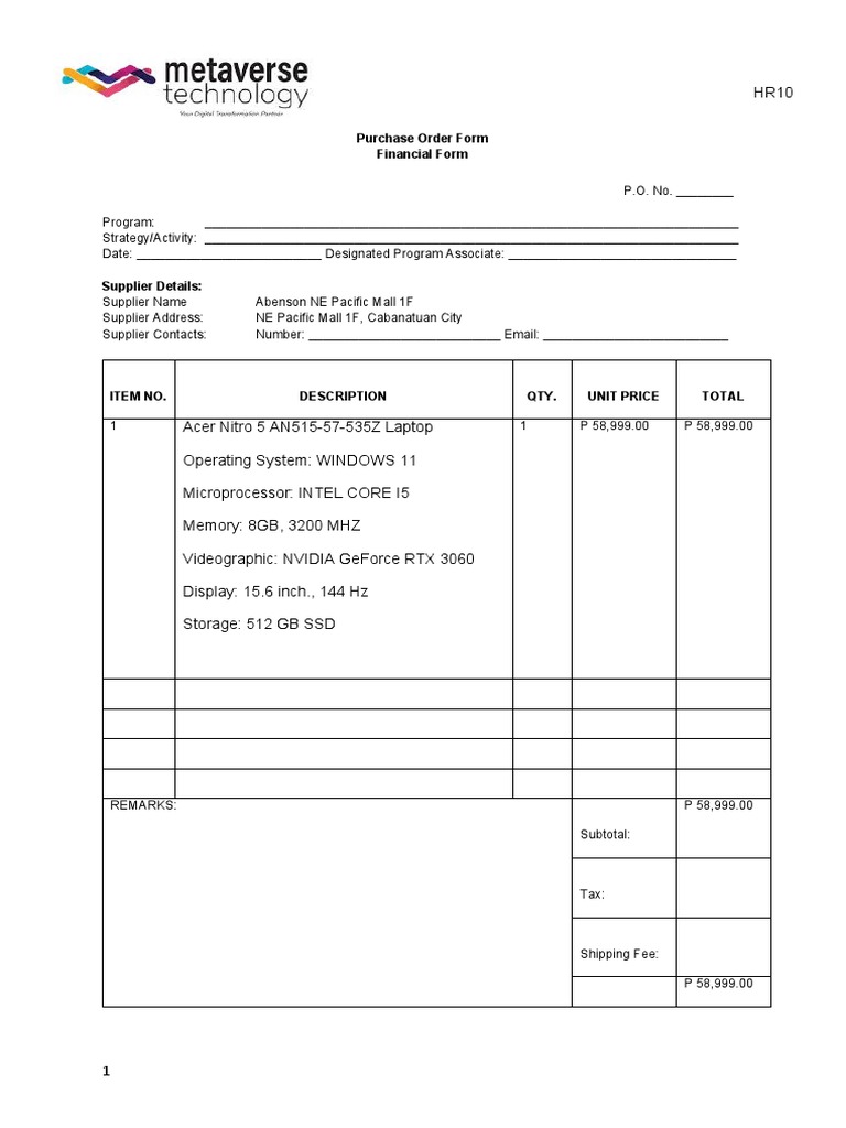 HR10 Purchase Order Form | PDF | Mobile Computers | Computer Hardware