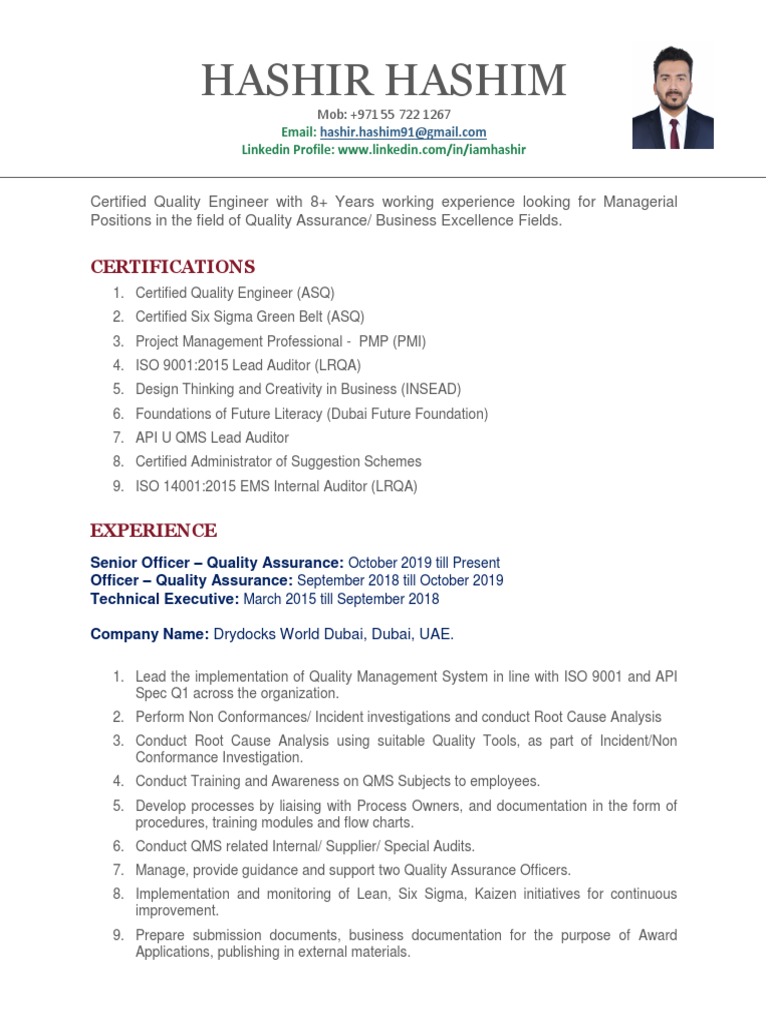Quality Engineer Resume: Hashir Hashim | PDF | Quality Management ...