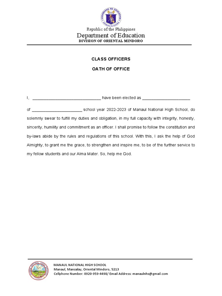 Class Officer Oath of Office Form for Manaul National High School | PDF