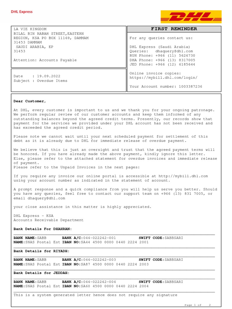 DHL - 1st Payment Reminder - 1003387236 | PDF | Accounts Payable | Invoice