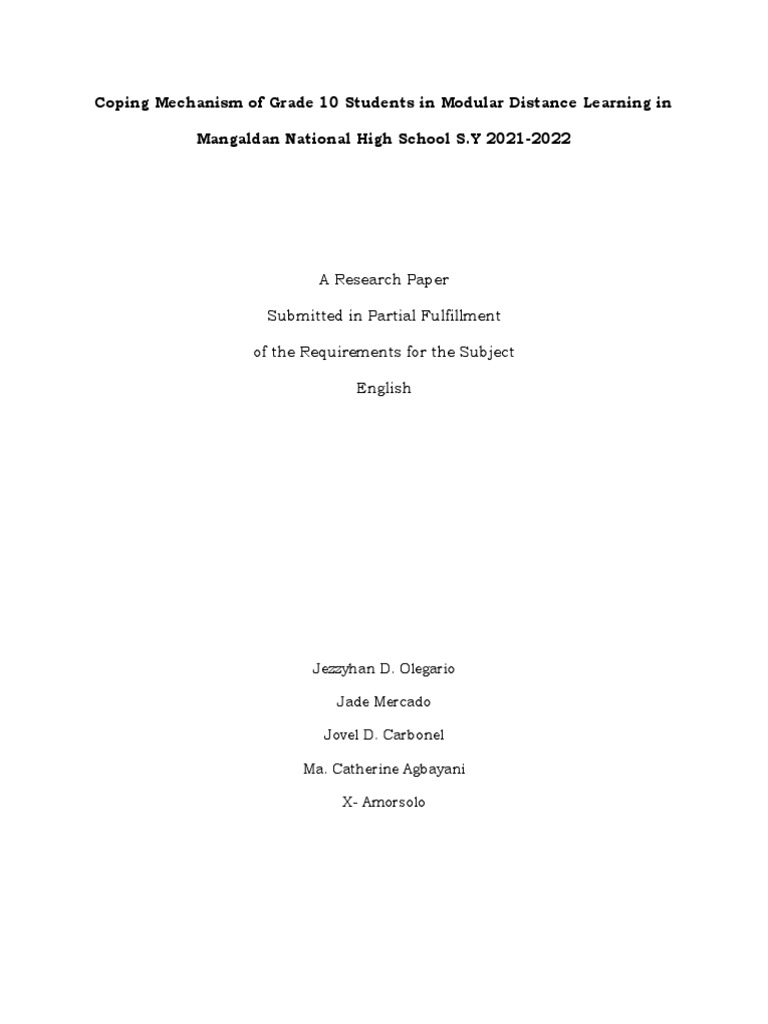 Coping Mechanism of Grade 10 Students in Modular Distance Learning ...