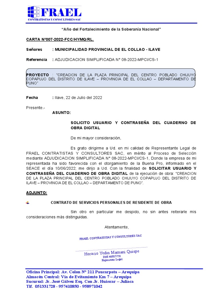 Carta Solicitud de Usuario y Contraseña Cuaderno de Obra Digital | PDF