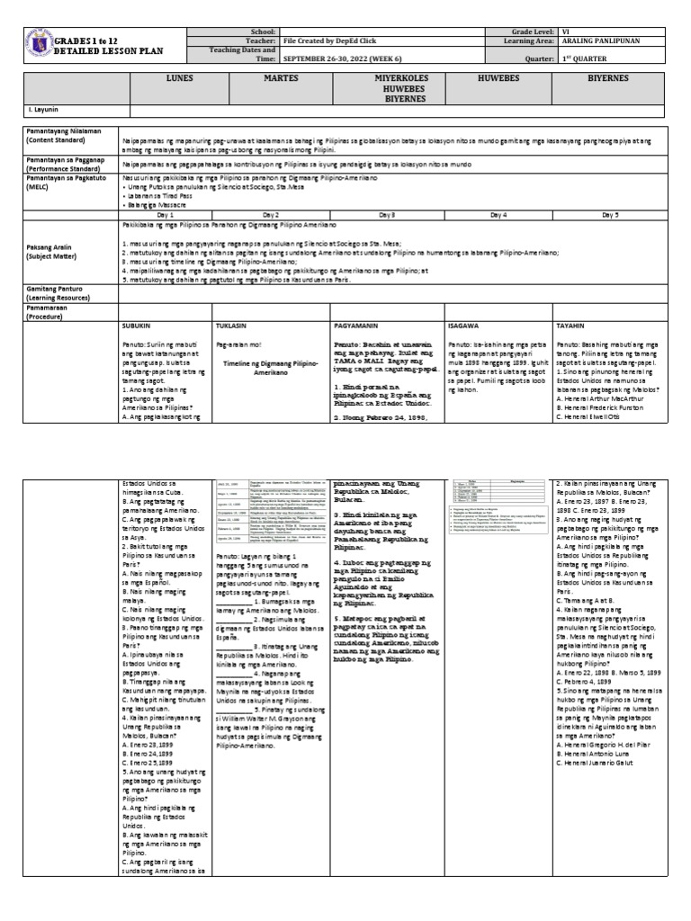 DLL - Araling Panlipunan 6 - Q1 - W6 | PDF