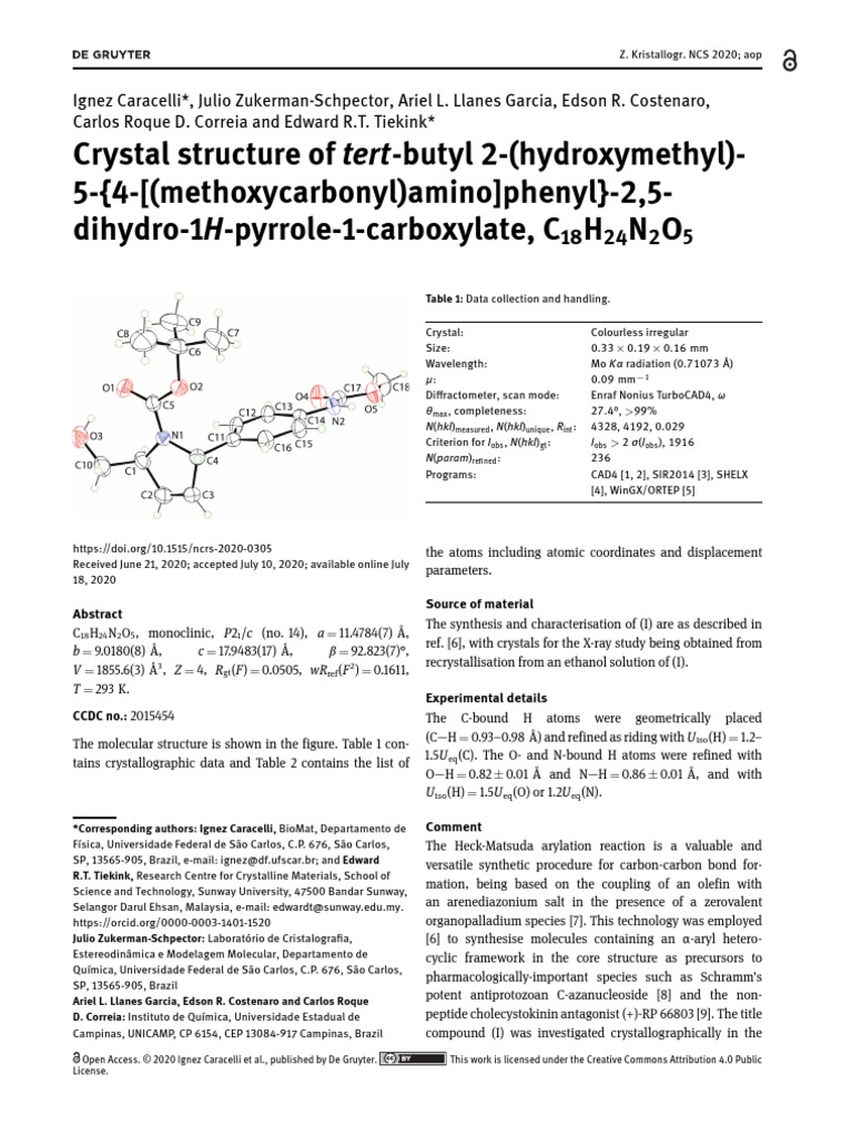 Crystal Structure of Tert Butyl 2 Hydroxymethyl 5 | PDF | X Ray ...