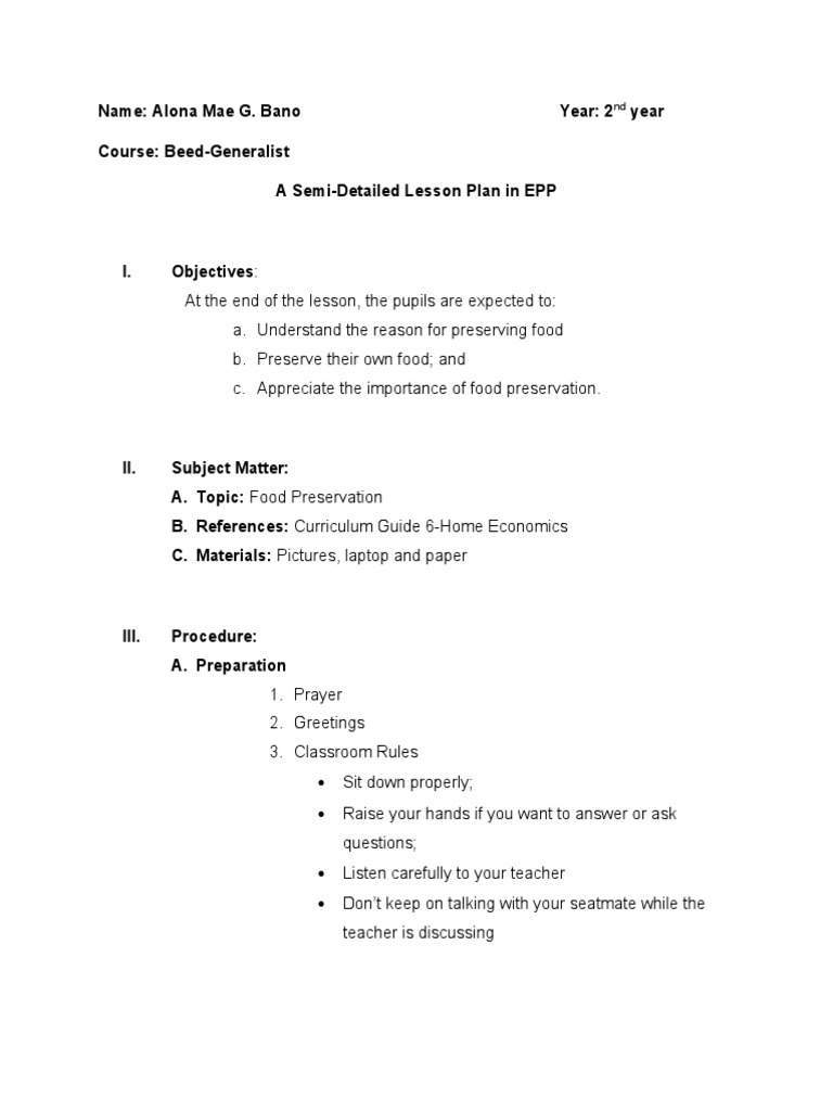 Epp Lessonplan | PDF | Food Preservation | Foods