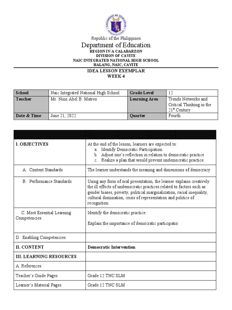 Lesson Exemplar TNC 4th Week | PDF | Democracy | Political Ideologies