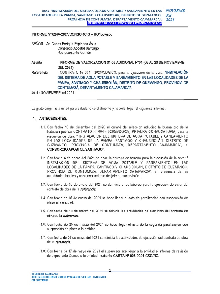 INFORME DE RESIDENTE DE OBRA (V-01 Adicional) | PDF | Tubería (transporte de fluidos) | Albañilería