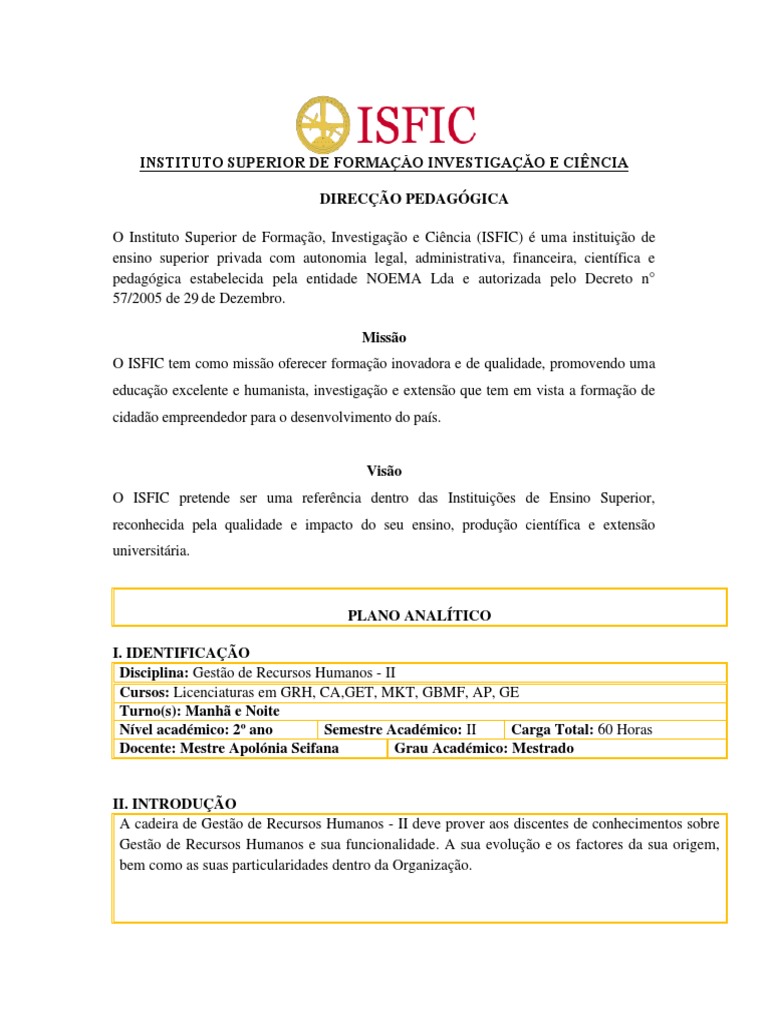 Plano Analitico de GRH-2 (Isfic 2021) | PDF | Gestão de recursos ...
