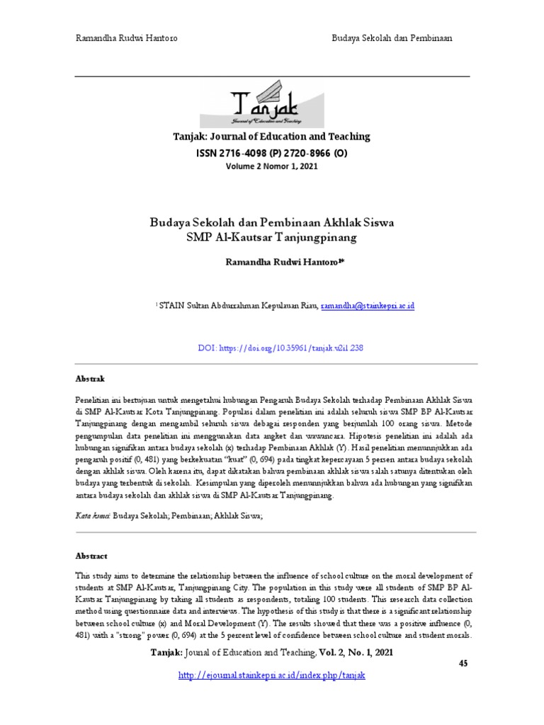 Budaya Sekolah Dan Pembinaan Akhlak SiswaSMP Al-Kautsar Tanjungpinang | PDF