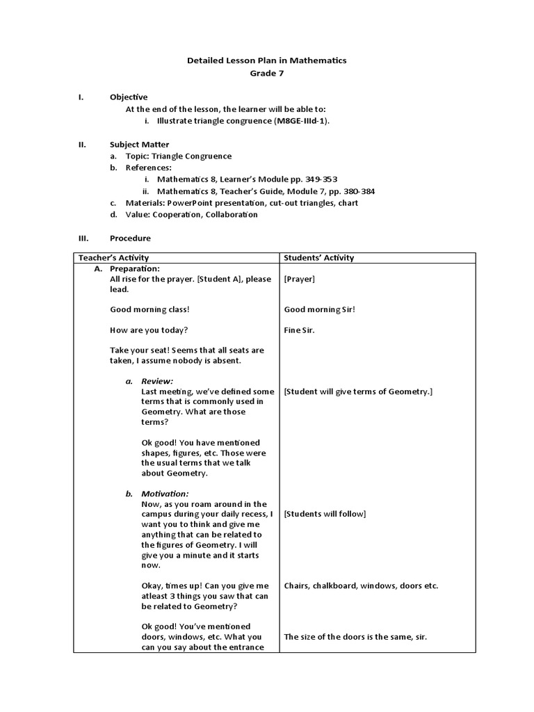 Triangle Congruence Lesson Plan | PDF | Shape | Geometry