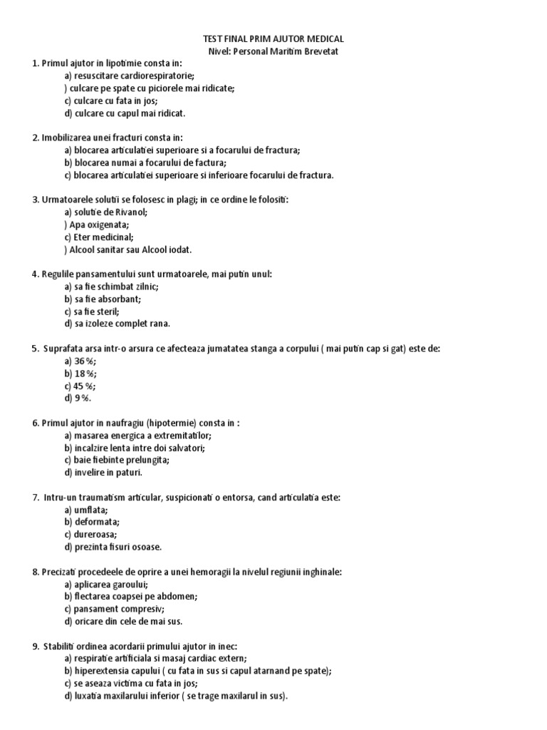 Test Final Prim Ajutor Brevetati | PDF