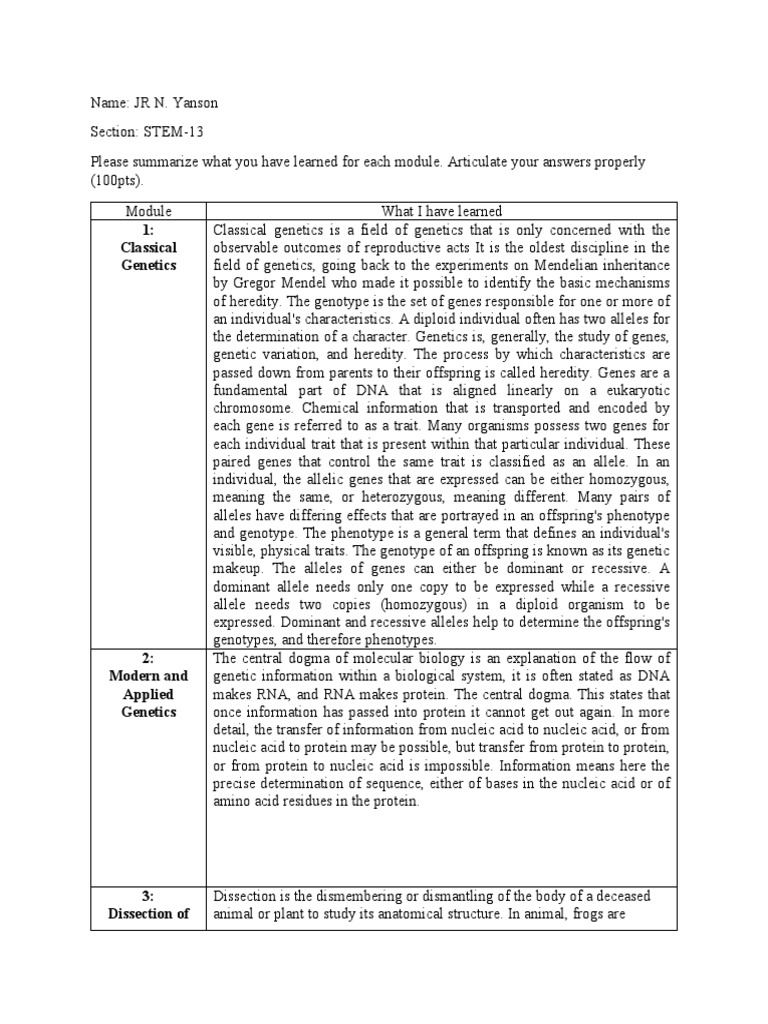 Summary of Learning | PDF | Allele | Life Sciences