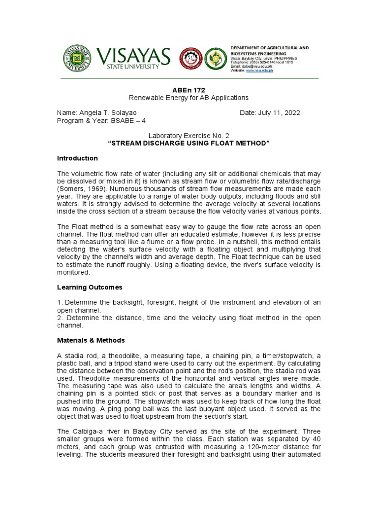 ABEn 172-Solayao-LabExer-2 | PDF | Discharge (Hydrology) | Earth Sciences