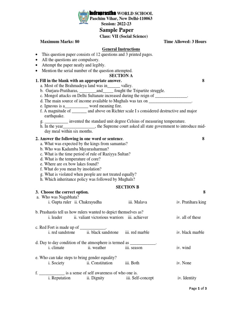 Class 7 Social Science Sample Paper | PDF | Rain | Self Concept