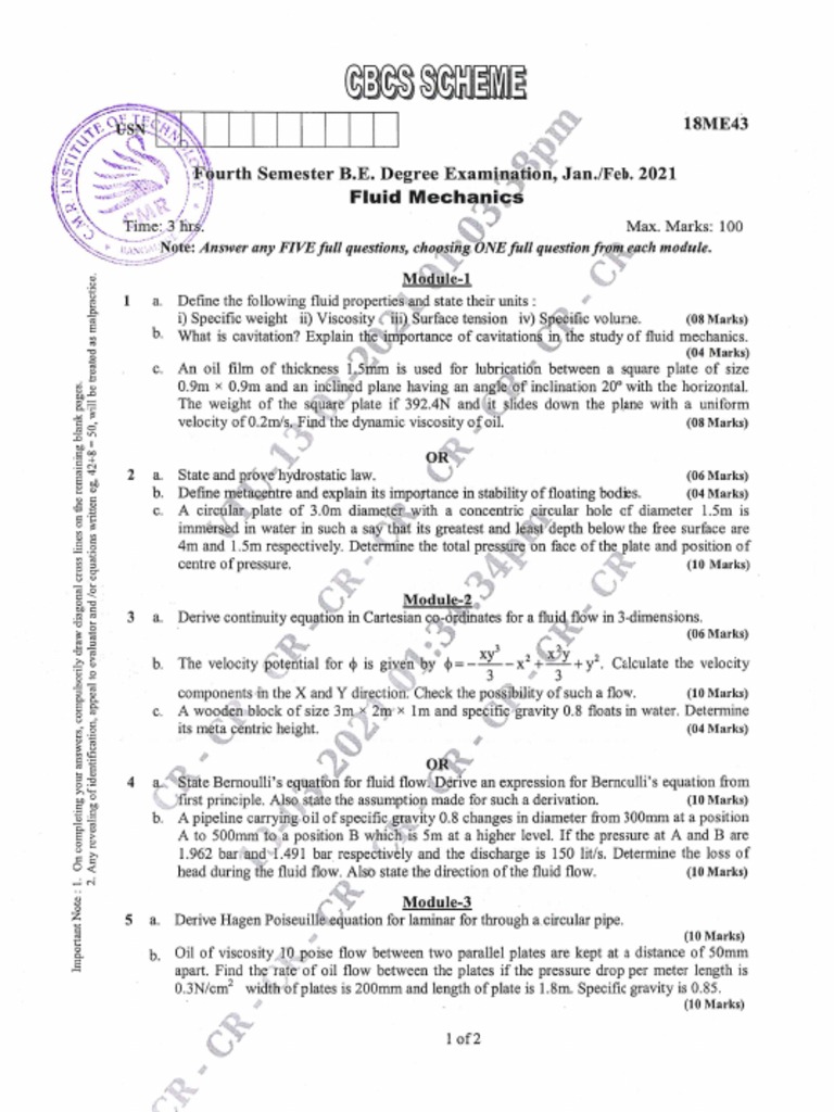 VTU Question Paper of 18ME43 Fluid Mechanics Jan-2021 | PDF