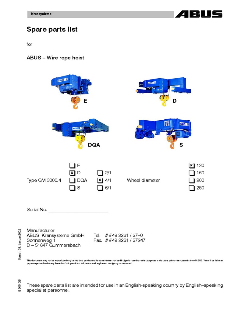 ABUS GM 3000 Spare Parts List | PDF | Screw | Tools