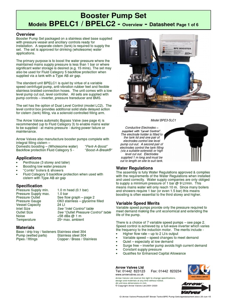Booster Pump Set Bpelc1 / Bpelc2 - : Models Datasheet | PDF | Pump | Valve