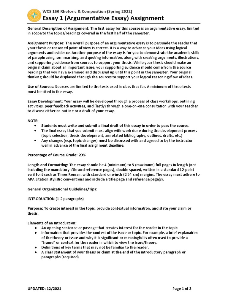 WCS 150 Argumentative Essay 1 INSTRUCTIONS | PDF | Essays | Thesis
