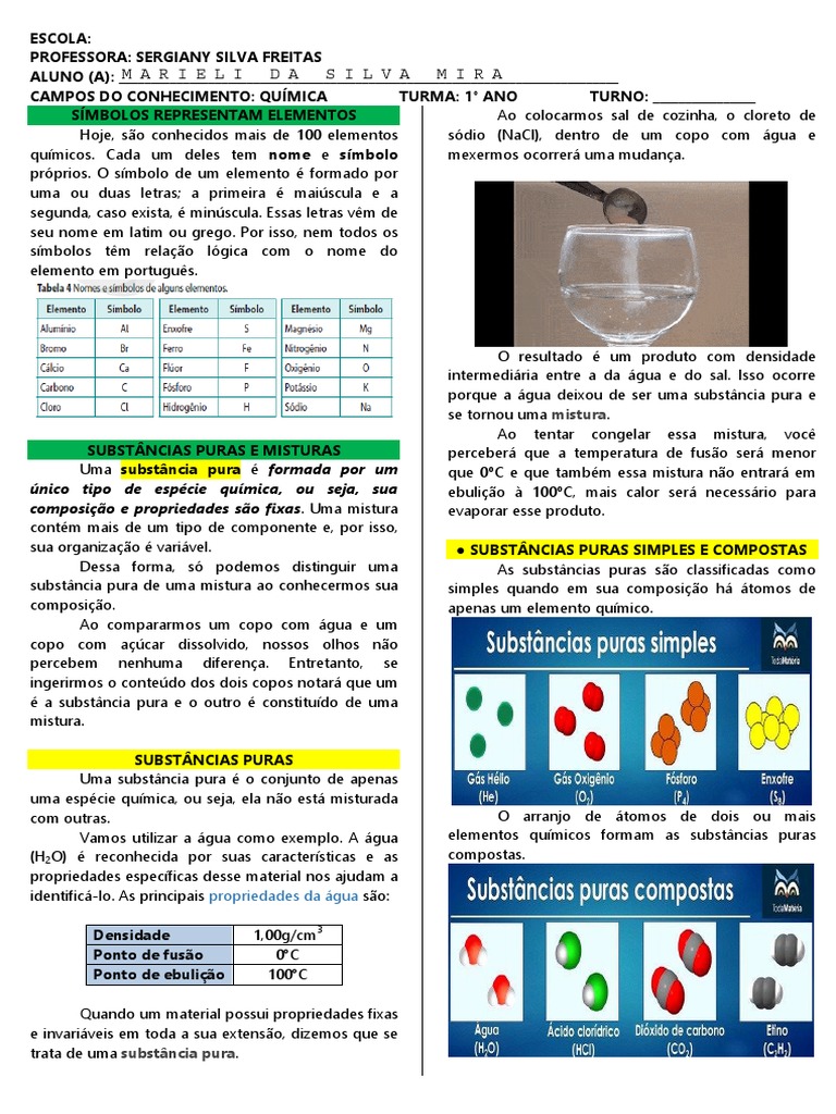 Resumo Elemento Química - Substância Pura Simples e Composta-Mistura ...