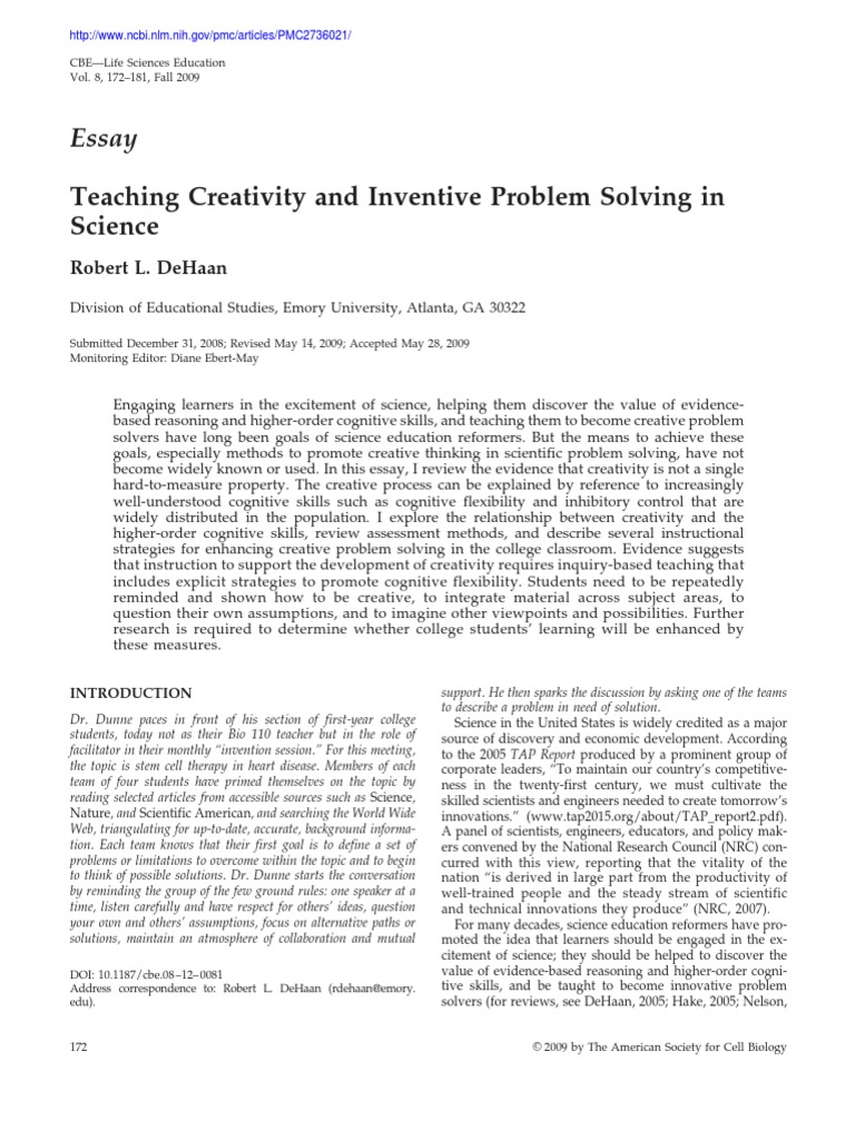 2009.Dehaan-essay-Teaching Creativity and Inventive Problem Solving in ...