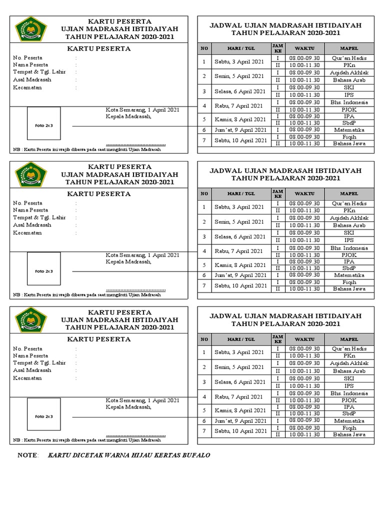 Kartu Ujian Madrasah 2021 | PDF