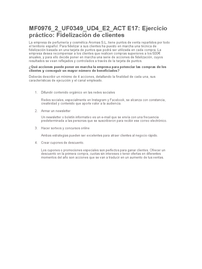 E17 Ejercicio Práctico Fidelización de Clientes | PDF