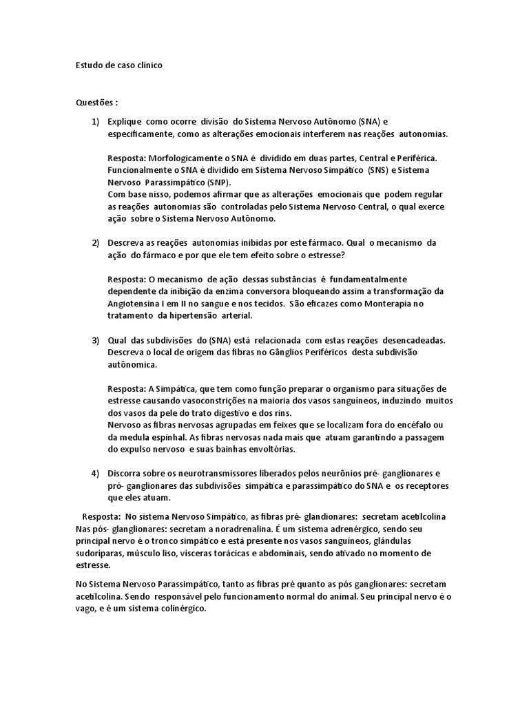 Estudo de Caso Clínico | PDF | Sistema nervoso autónomo | Sistema nervoso