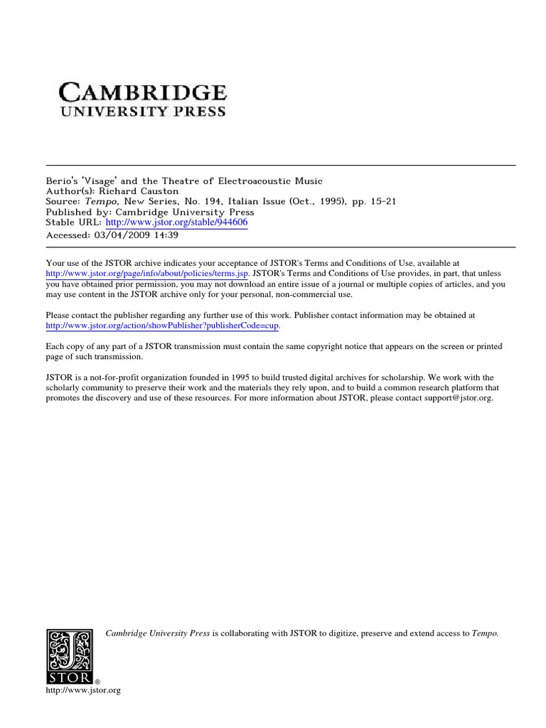 Berio's Visage and The Theatre of EA - Richard Causton | PDF | Sound | Mind