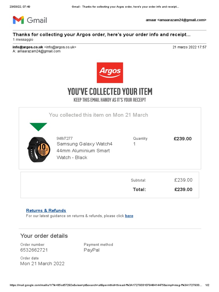 Gmail - Thanks For Collecting Your Argos Order, Here's Your Order Info and Receipt.. | PDF ...