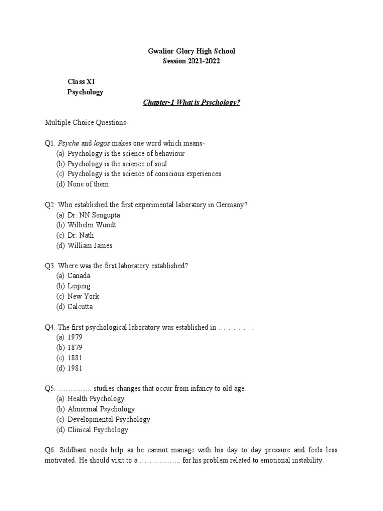 XI Psychology Chapter-1 MCQs | PDF | Psychology | Mind