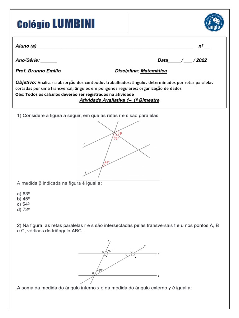 Atividade Avaliativa 1 8 Ano - 1 Bim | PDF | Triângulo | Geometria do Plano Euclidiano